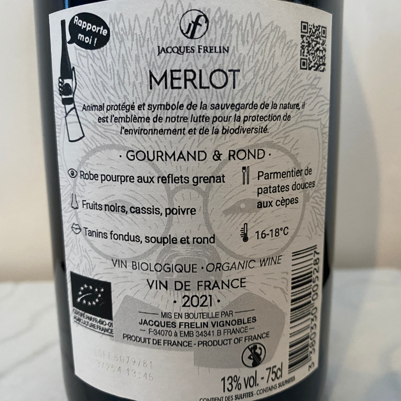 Vin merlot Rouge Bio - Du Panier à l'Assiette